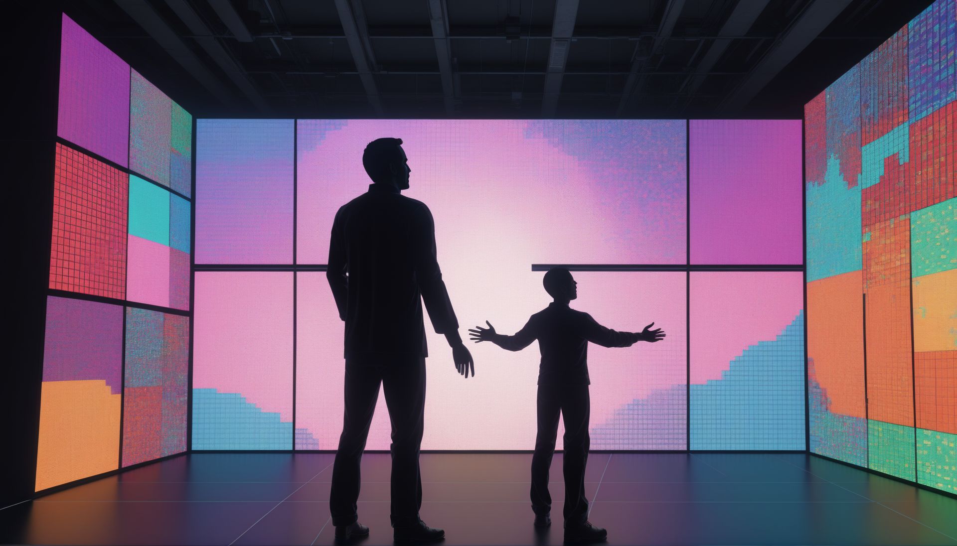 Silhouette of a Man, Giant Computer Pixelated Screen, Colorful ...