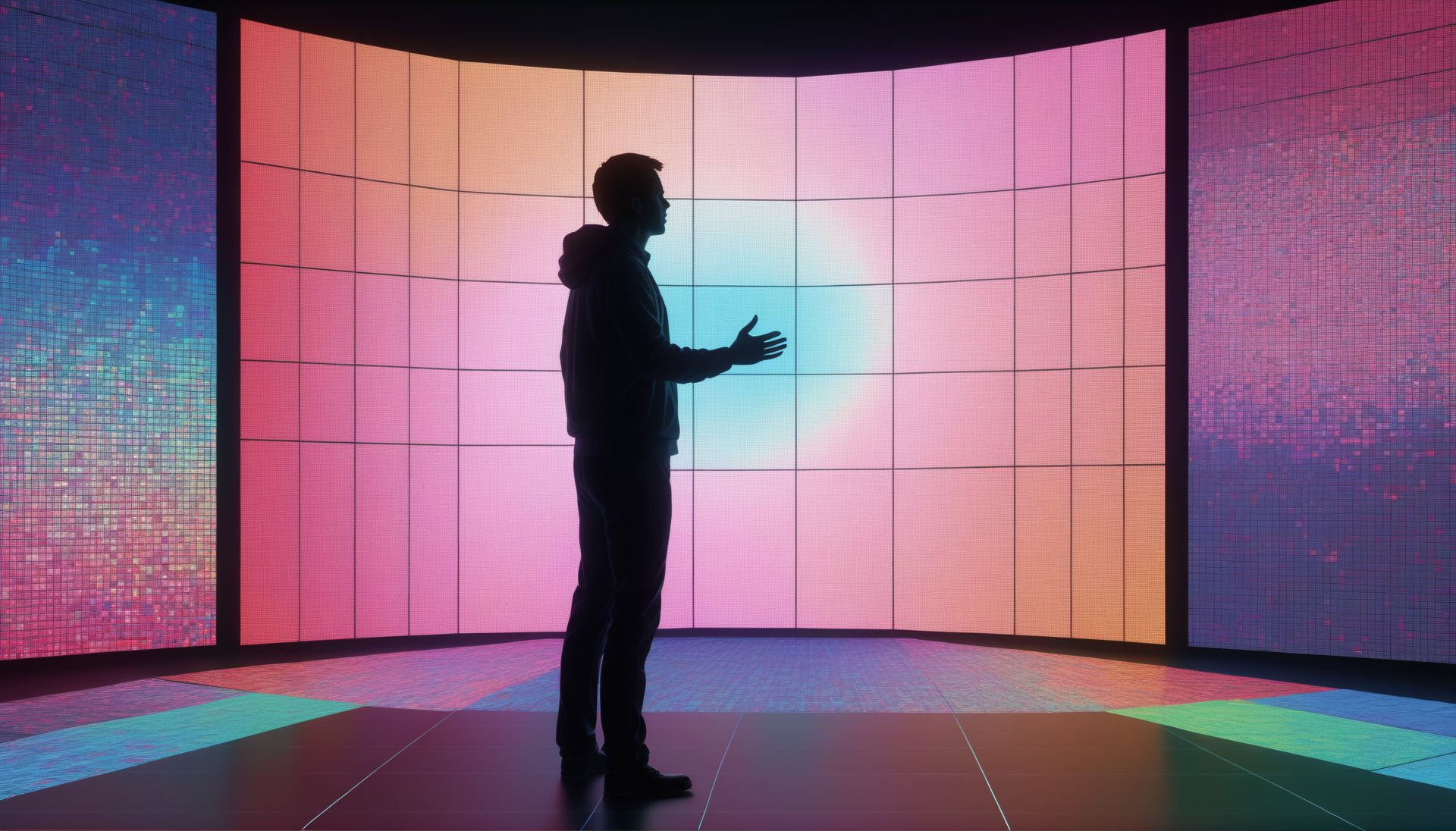 Silhouette of a Man, Giant Computer Pixelated Screen, Colorful ...