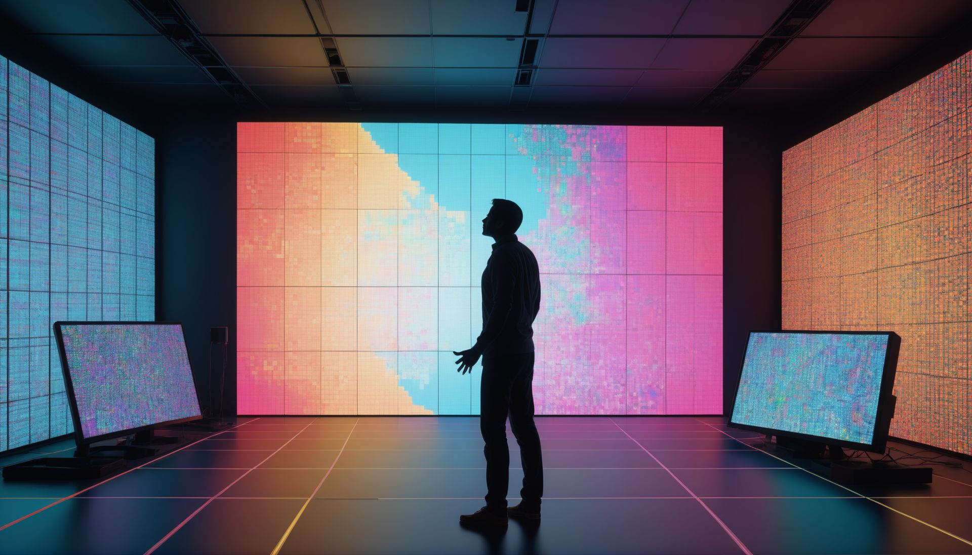 Silhouette of a Man, Giant Computer Pixelated Screen, Colorful ...