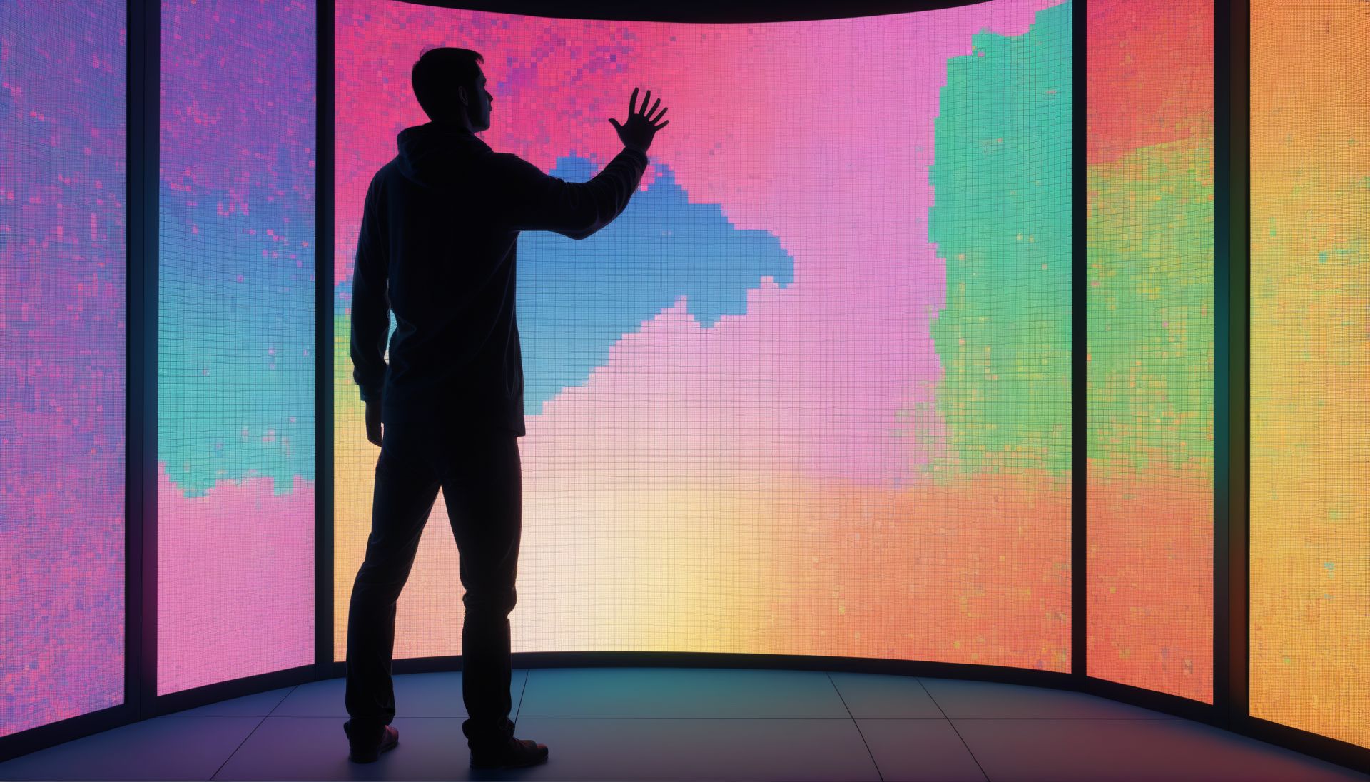 Silhouette of a Man, Giant Computer Pixelated Screen, Colorful ...