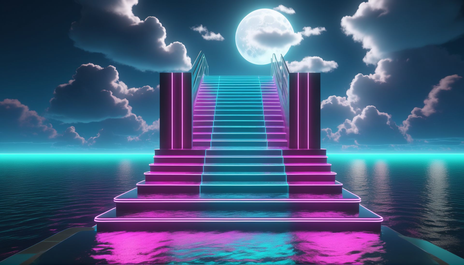 Neon Lighting Staircase, Stairs to Clouds, 3D, Moon - Stable Diffusion ...
