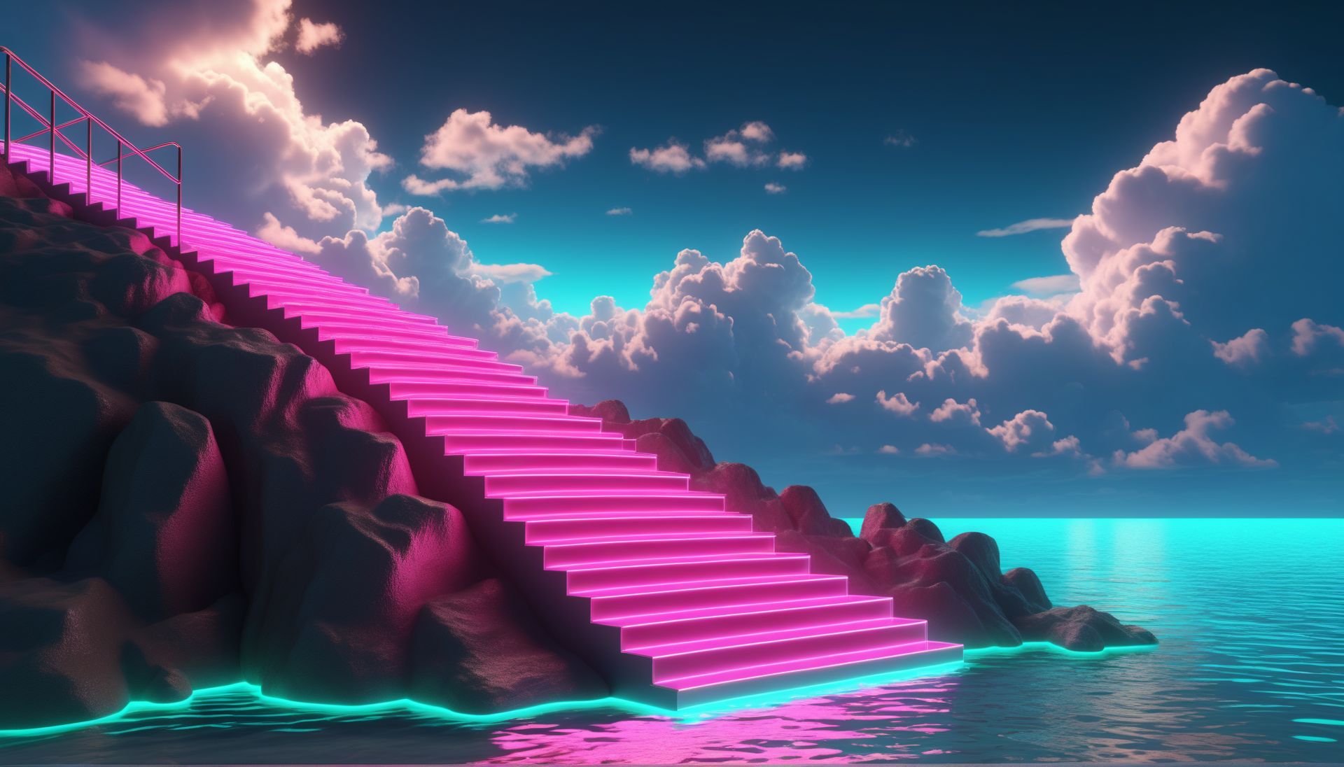 Neon Lighting Staircase, Stairs to Clouds, 3D, Moon - Stable Diffusion ...