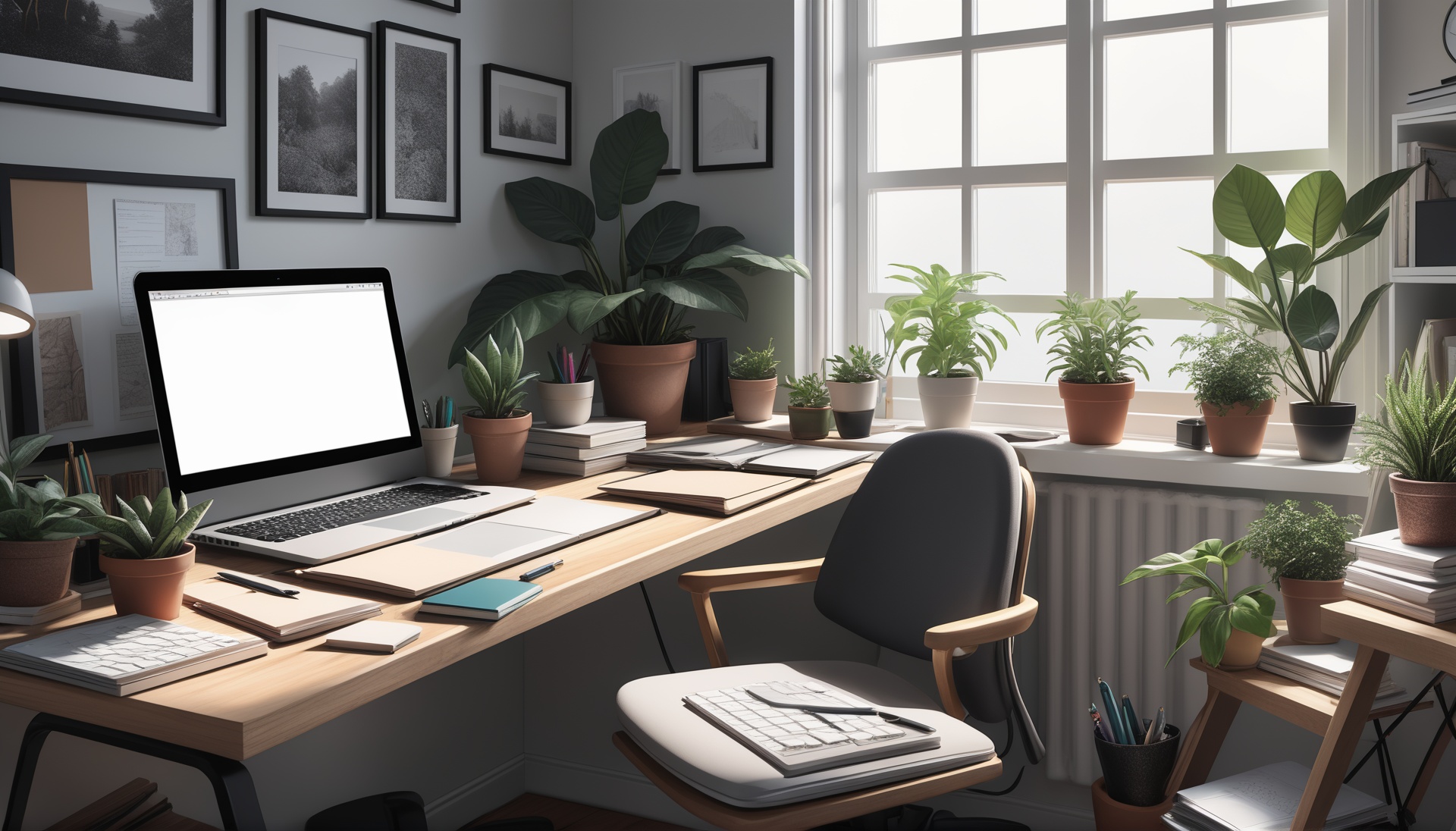 A messy home office desk setup with laptop, notebooks, pens, houseplants and framed photos, work ...
