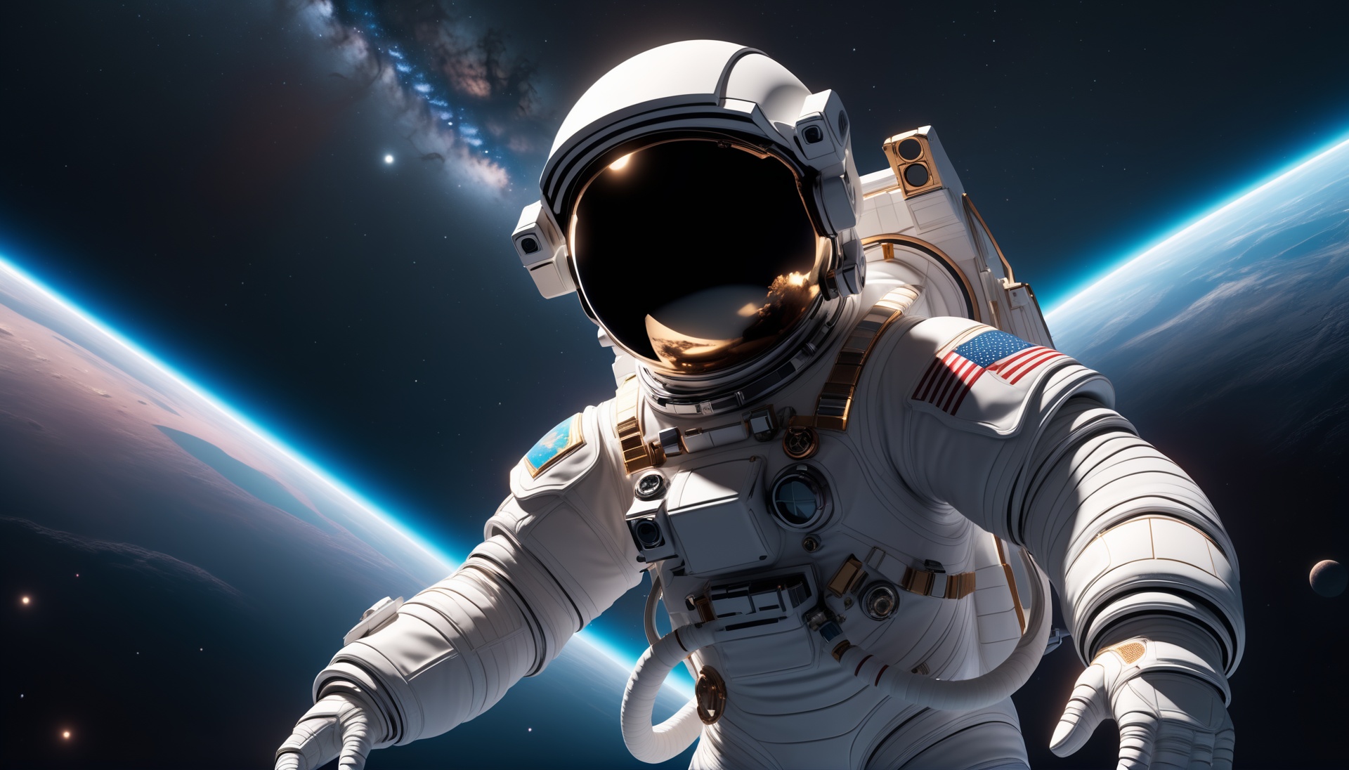 An astronaut floating, space, Milky Way galaxy visible behind them, Intricate space suit ...