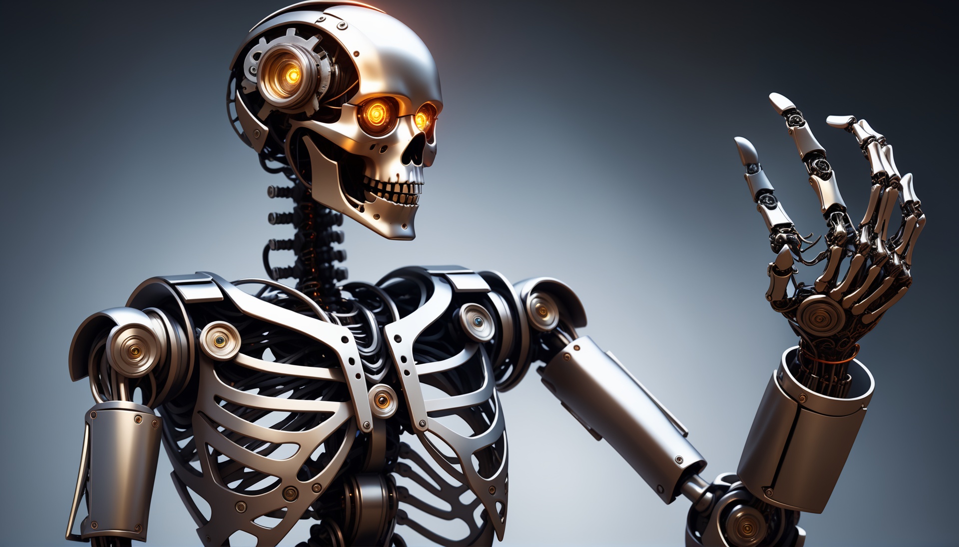 A robot made of gears, springs, metal plates, with one glowing eye ...