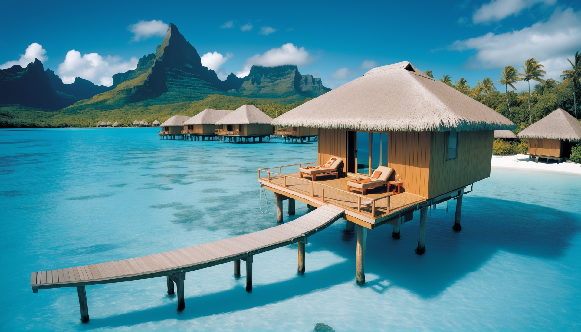 Overwater bungalow, blue lagoon in Bora Bora - Stable Diffusion Prompts 2369382739