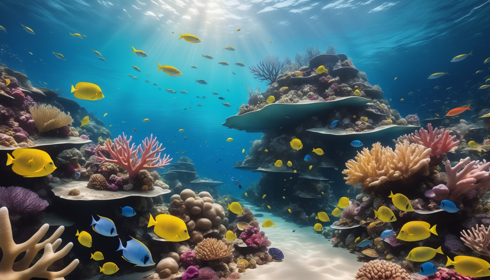 An underwater coral reef, teeming, colorful fish , sea creatures ...