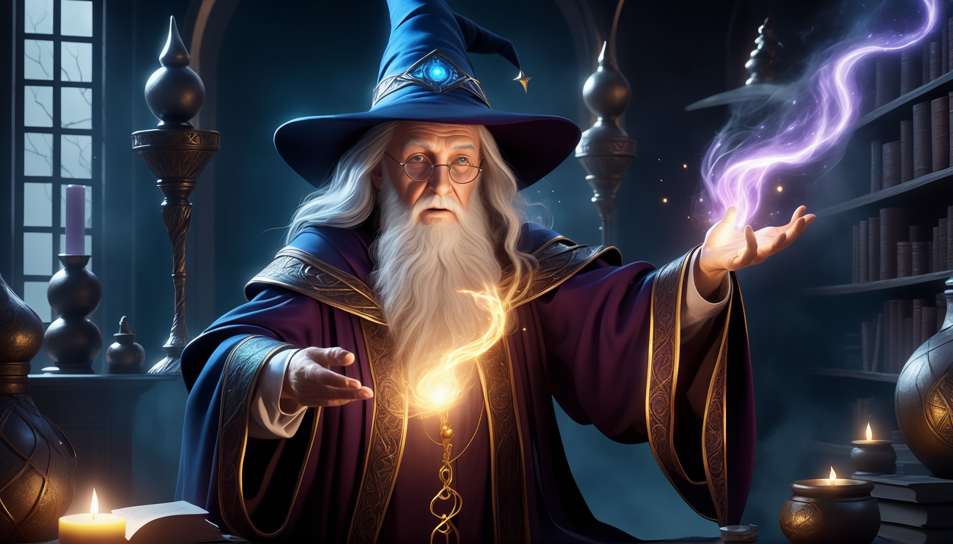 A wise old wizard conjuring a spell, magic flowing from his hands ...