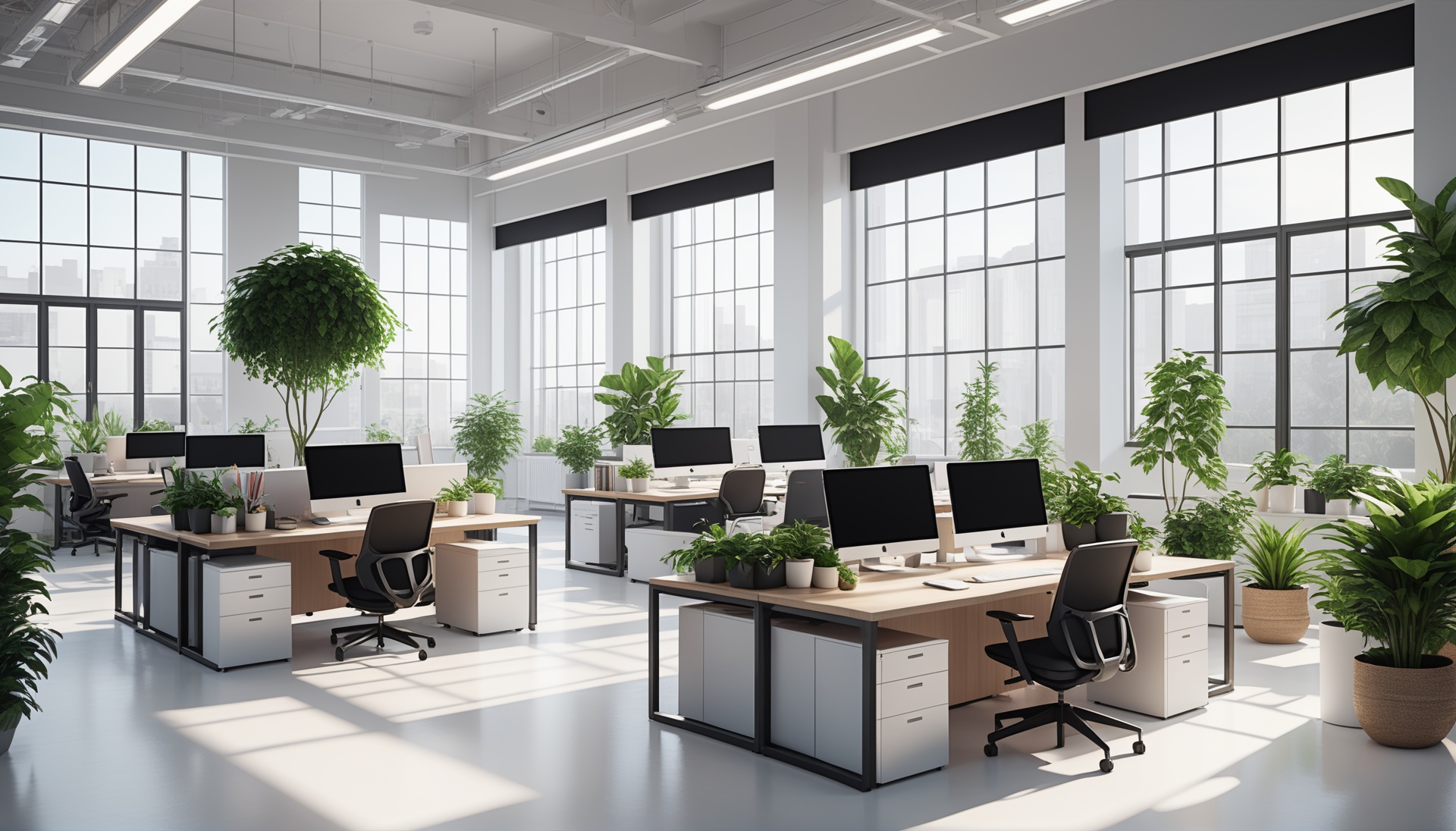 A spacious, bright, open-plan, office, interior, indoor plants, natural ...