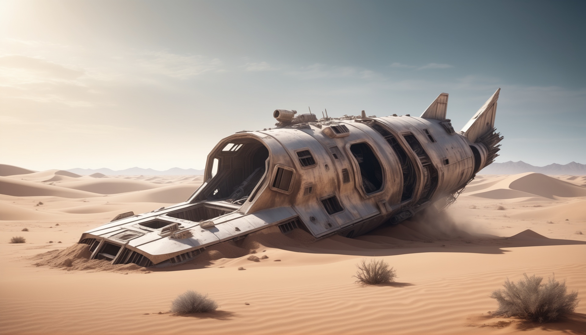A post-apocalyptic , crashed spaceship half-buried , desert sand with dust swirling, Cinematic ...