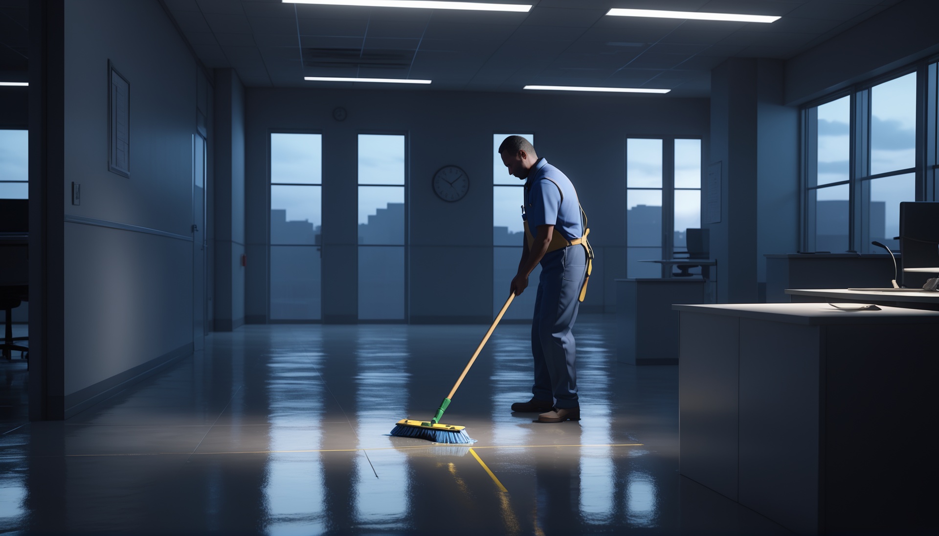 lonely, janitor, mopping, empty office, floor, late at night, dramatic ...