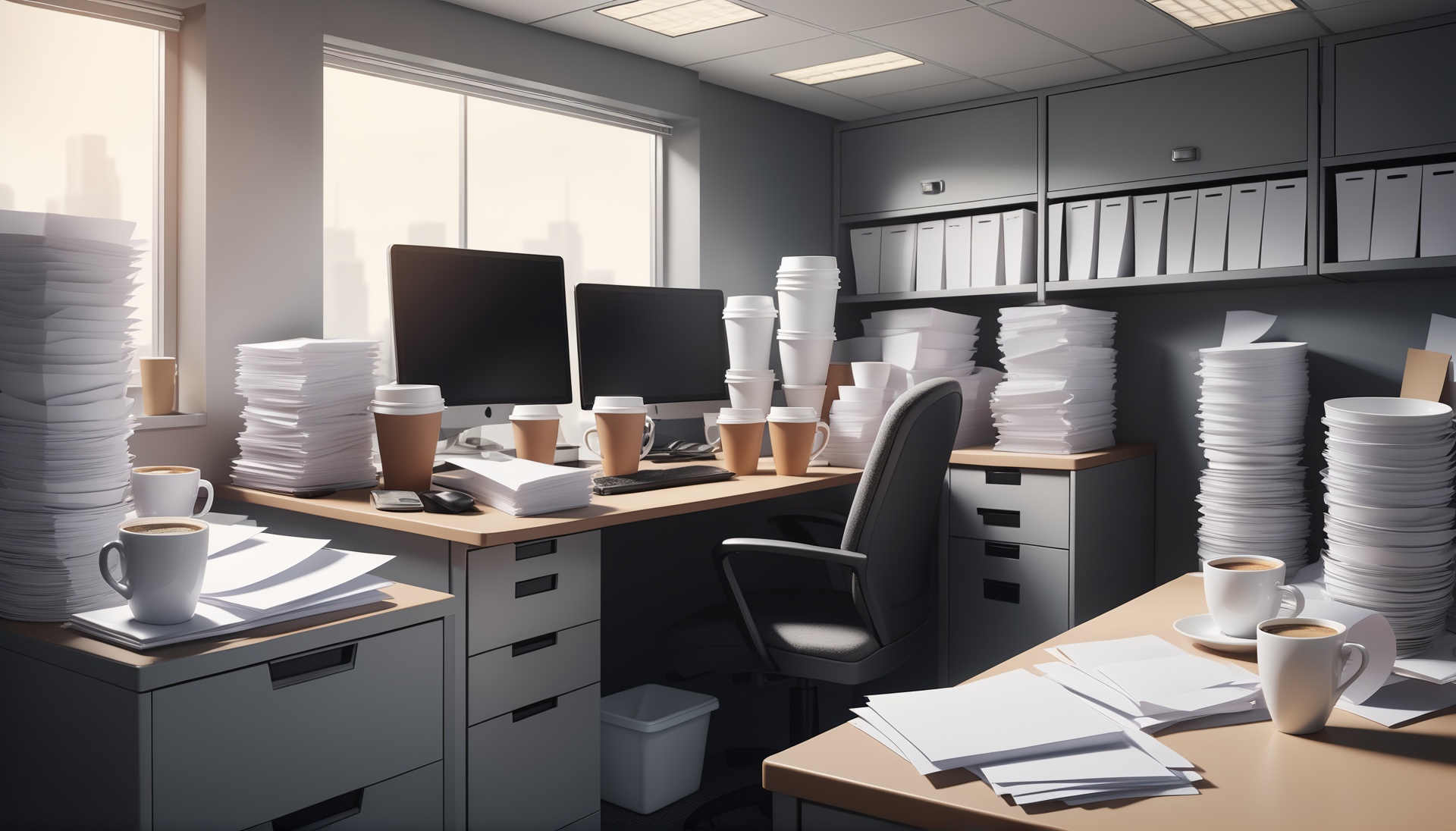 A cluttered desk, in a small gray, cubicle office, stacks of paper ...