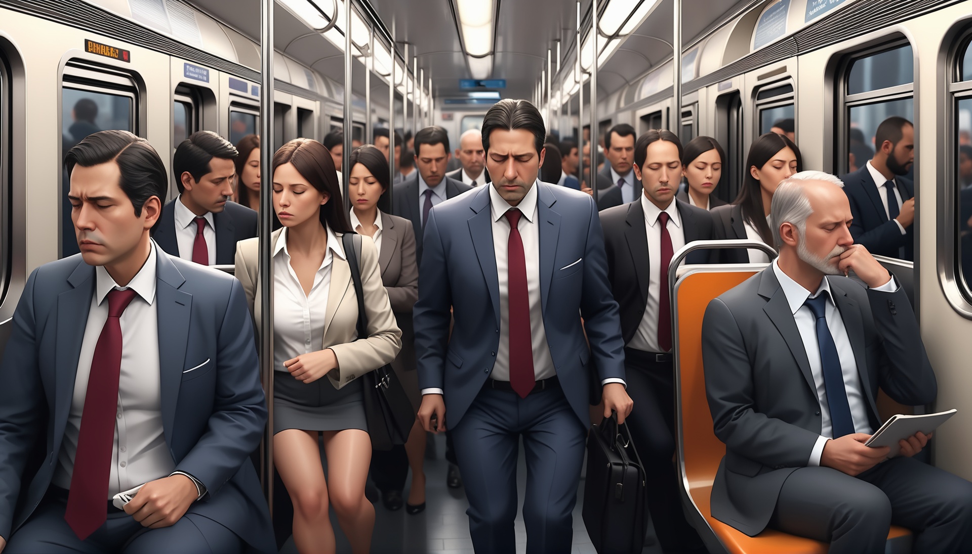 Tired businessmen ,women commuting during rush hour , crowded subway train, going to and from ...