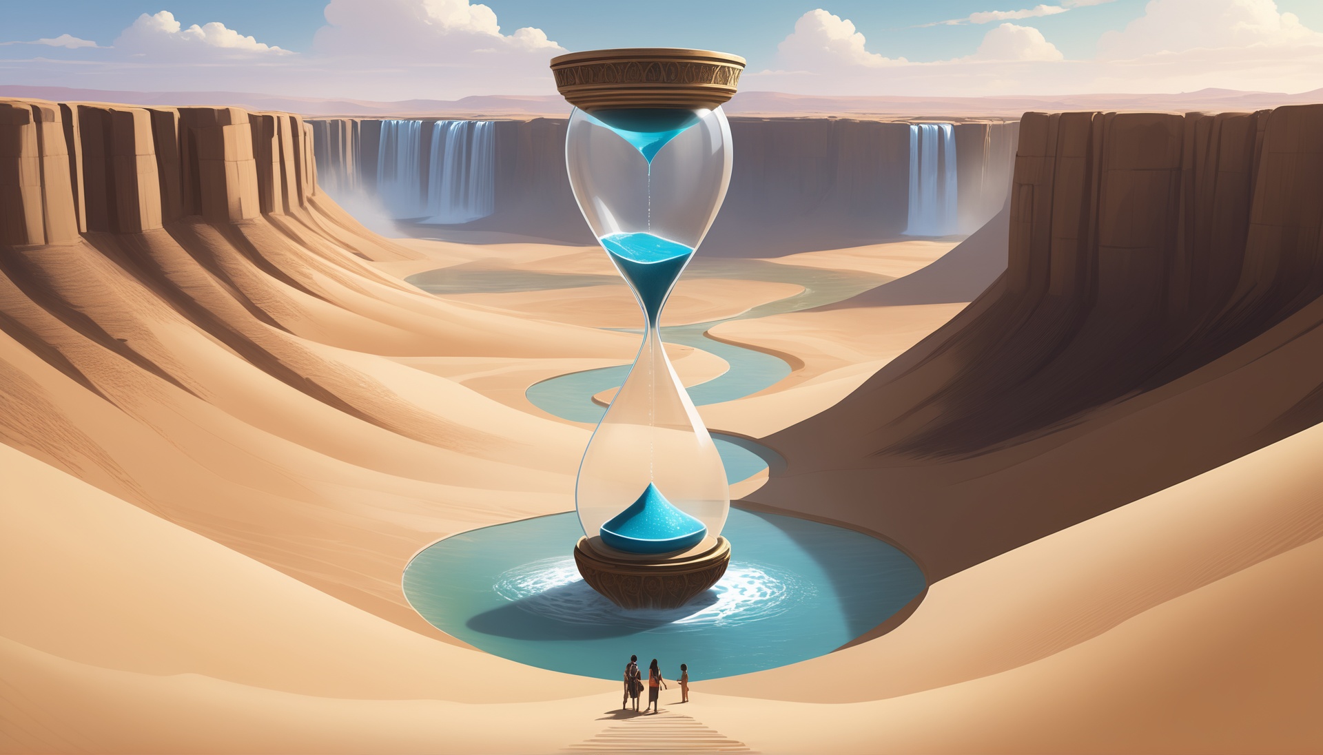 A giant hourglass in a vast desert, but instead of sand, it's filled ...