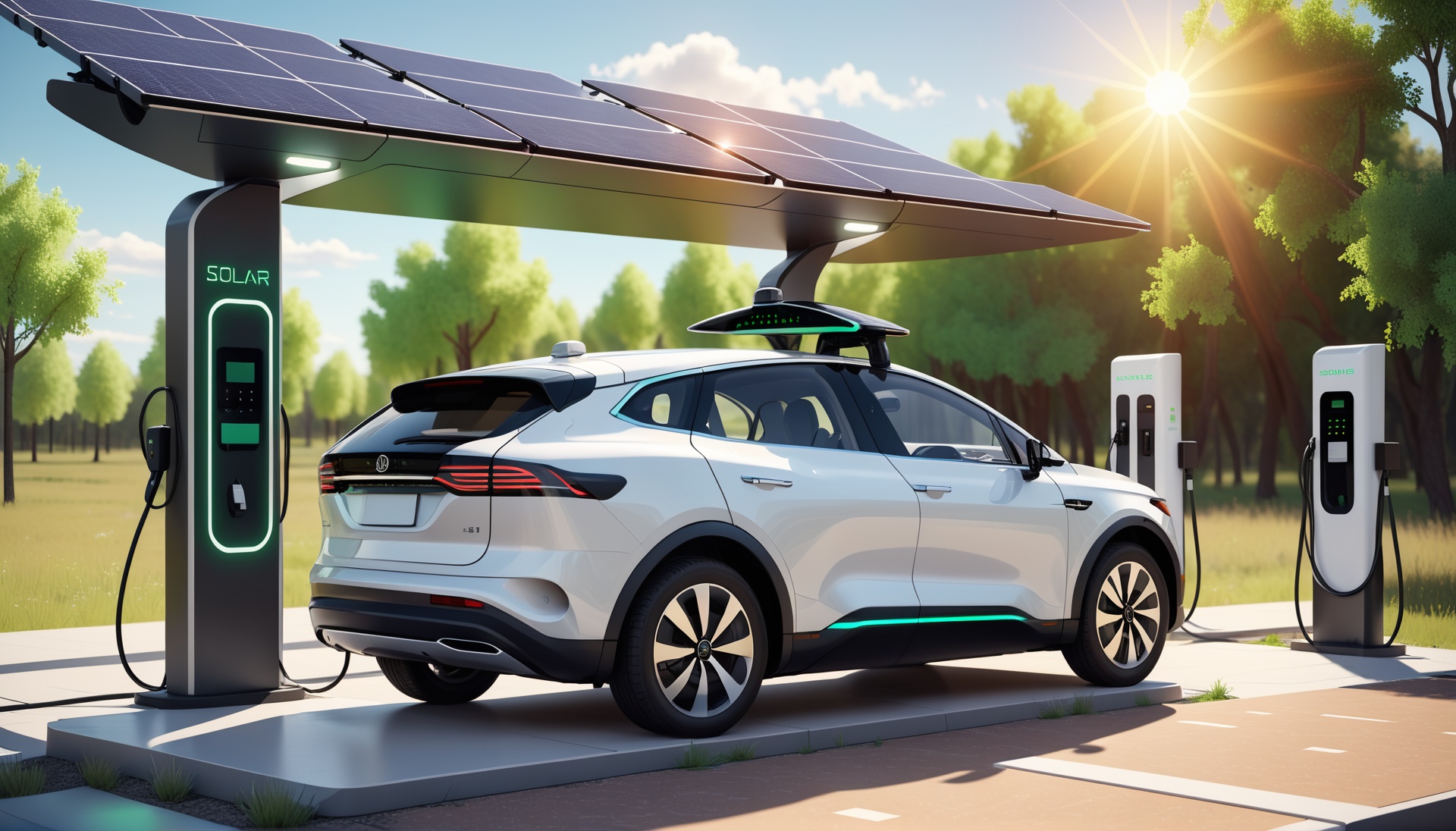An electric self-driving car, recharging, solar powered, charging ...
