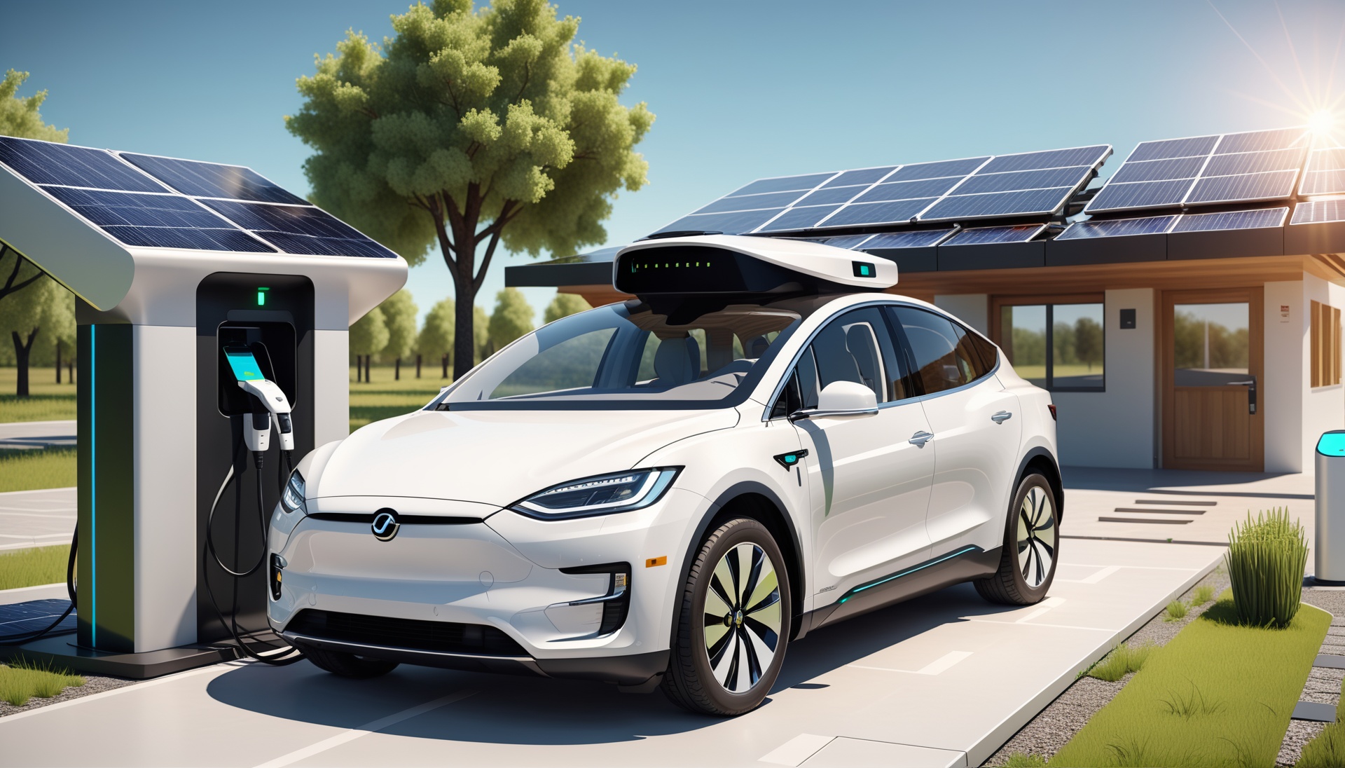 An electric self-driving car, recharging, solar powered, charging ...