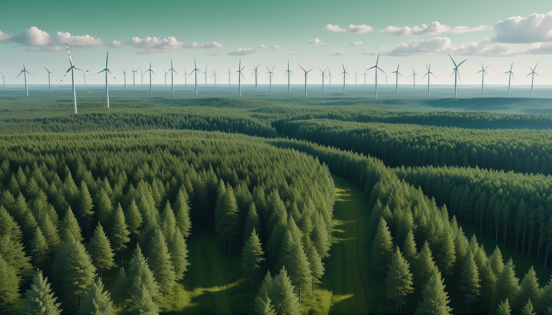 Aerial view, green forest, wind turbines - Stable Diffusion Prompts