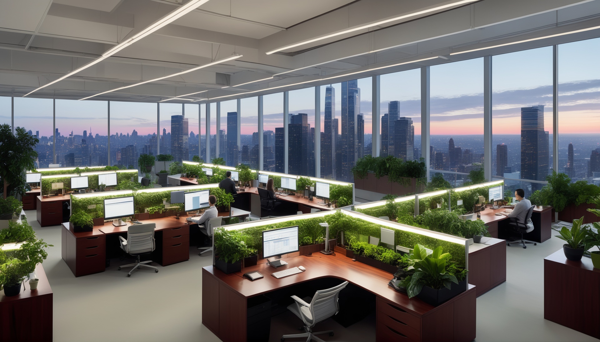 sprawling, office, panorama from a bird's-eye view, rows of mahogany ...