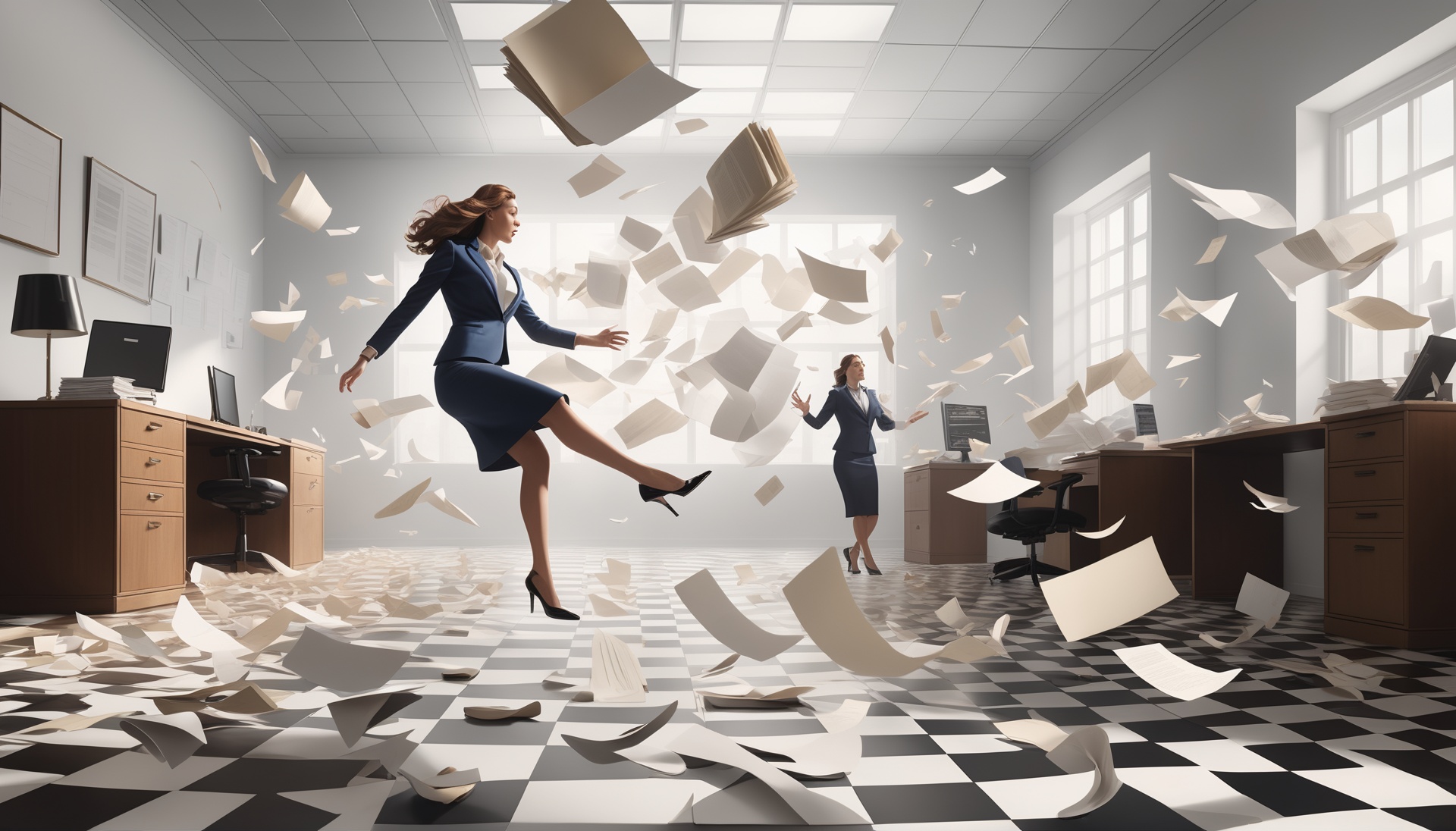 kinetic, office, scene capturing swirling papers, mid-air, frantic ...