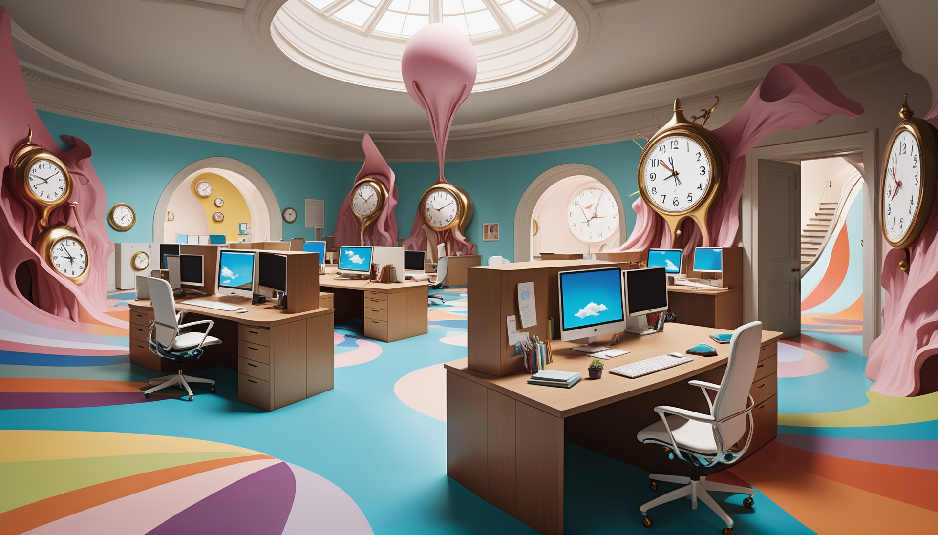 surrealist, office, space where large, melting clocks drape, cubicle ...