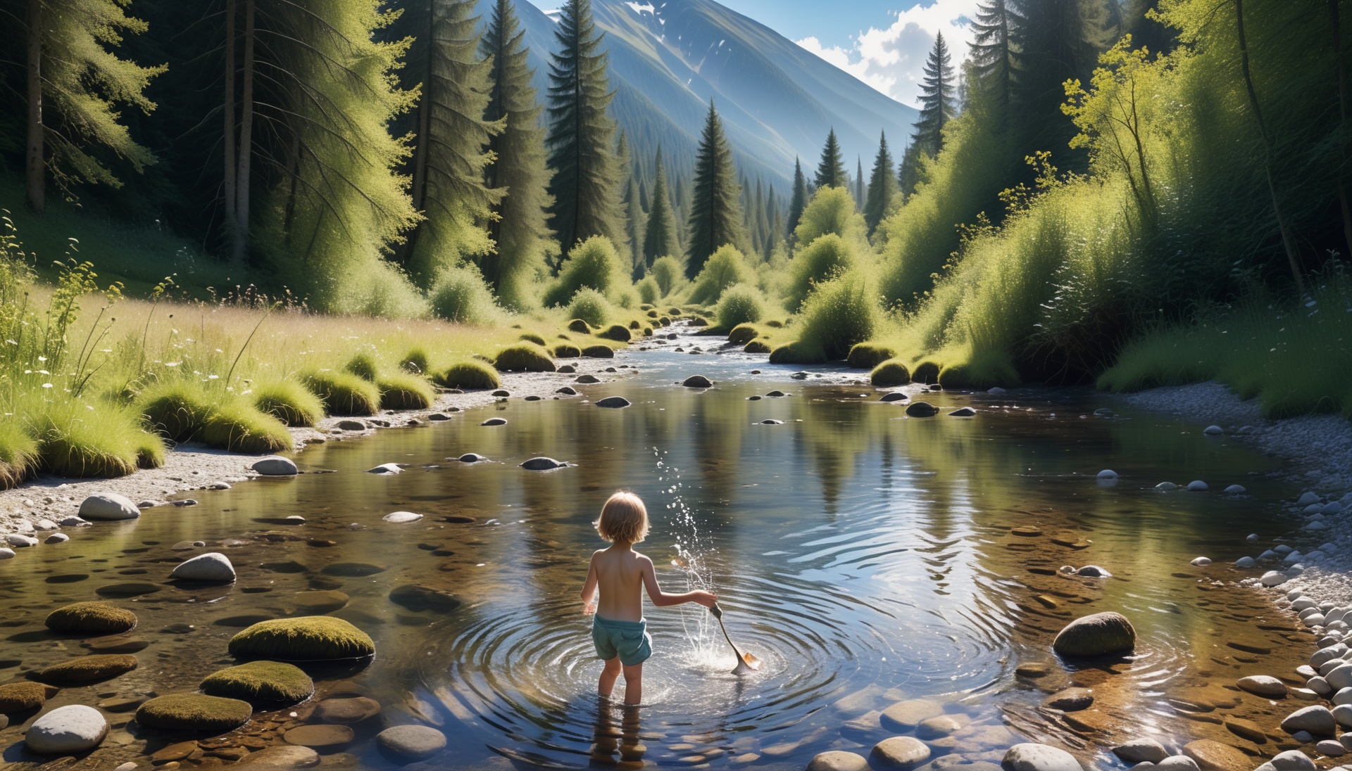 Child playing, splashing, clear stream, full of fish and wildlife ...