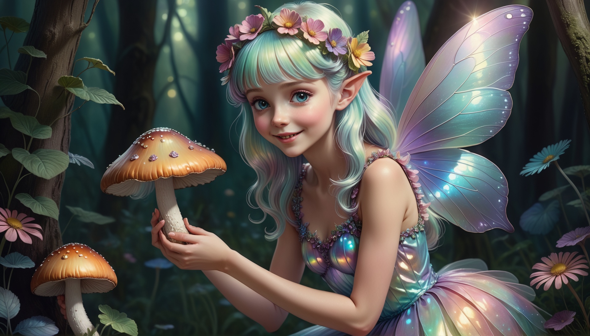 A cheerful fairy, iridescent wings, flowery dress holding a mushroom - Stable Diffusion Prompts