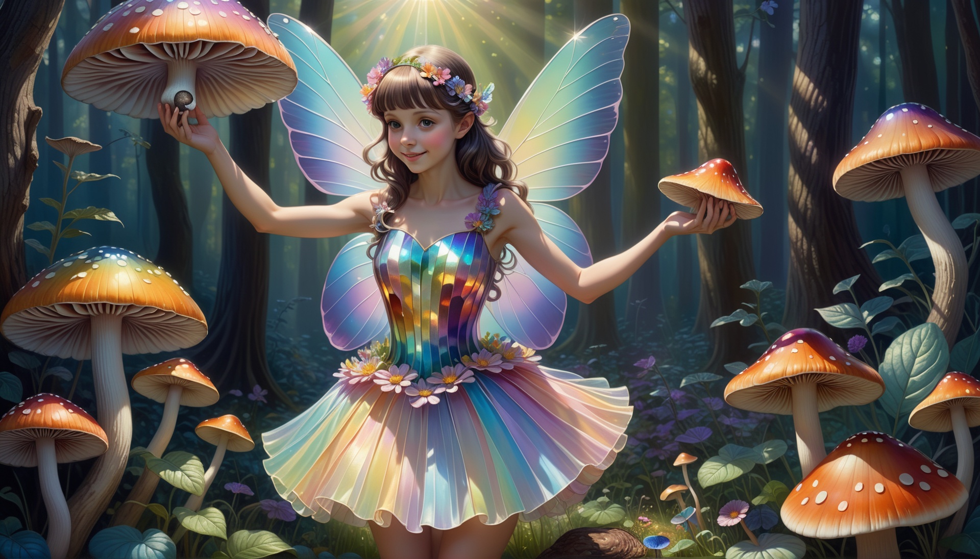 A cheerful fairy, iridescent wings, flowery dress holding a mushroom - Stable Diffusion Prompts
