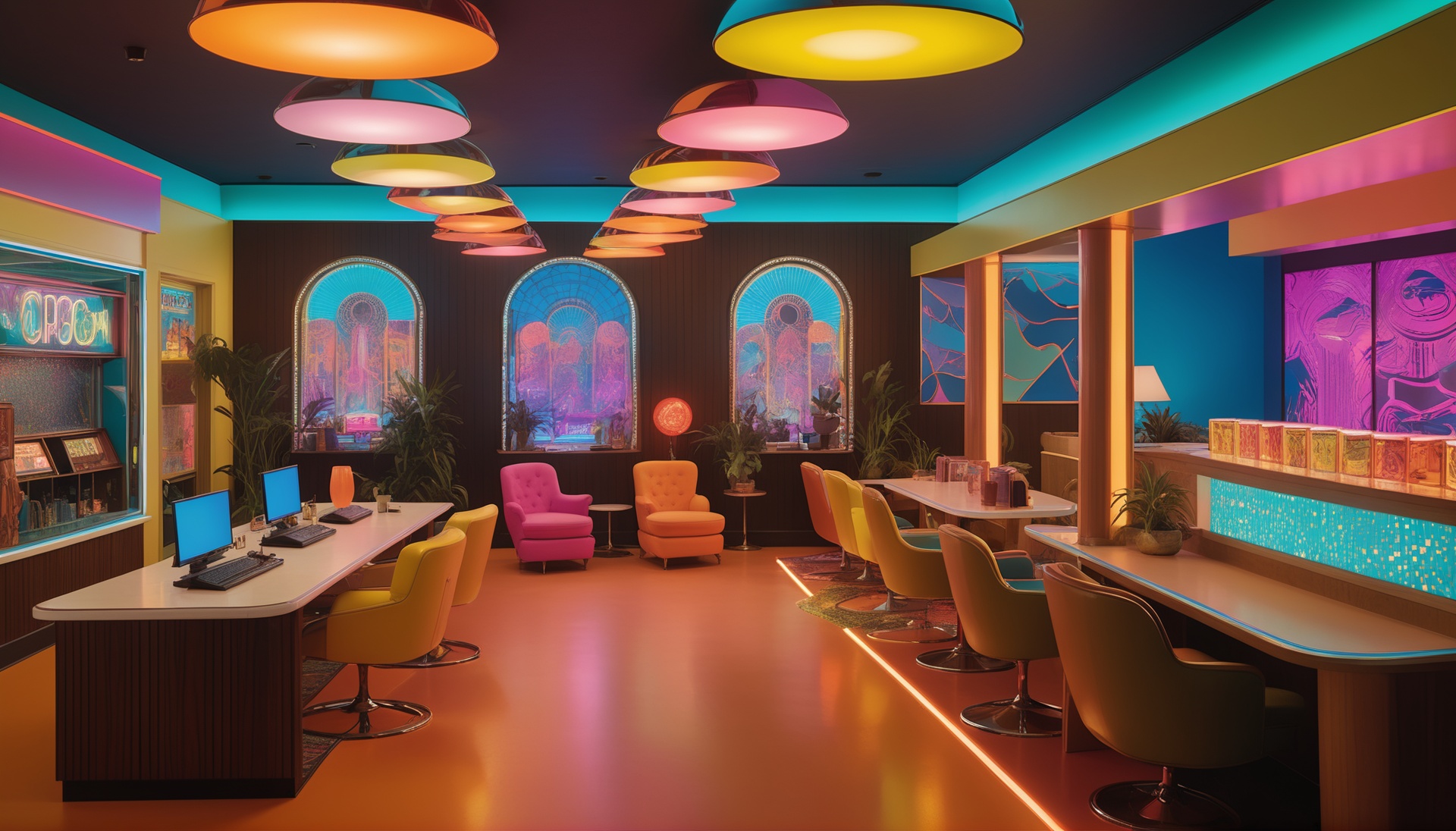 multi-era, office, from a roaring '20s speakeasy meeting room, a '60s ...