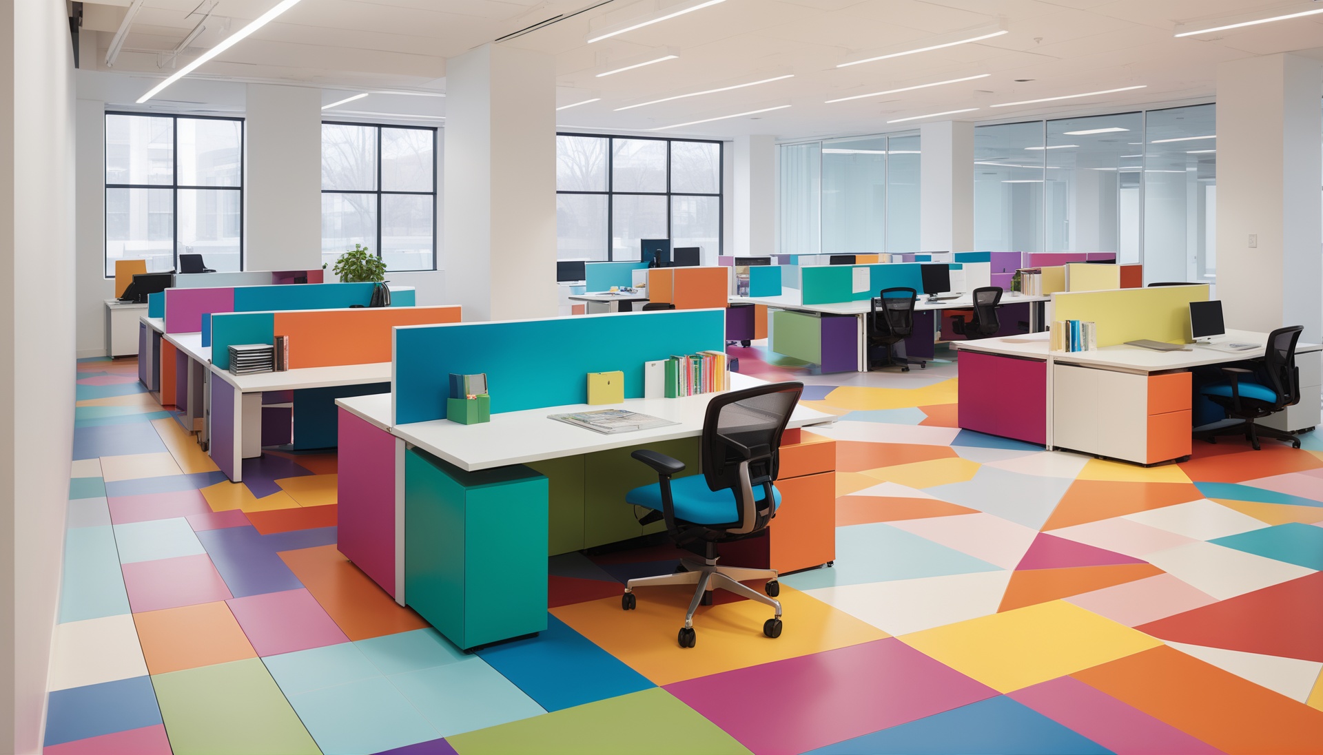 office, landscape, with desks, chairs constantly morphing, vibrant ...