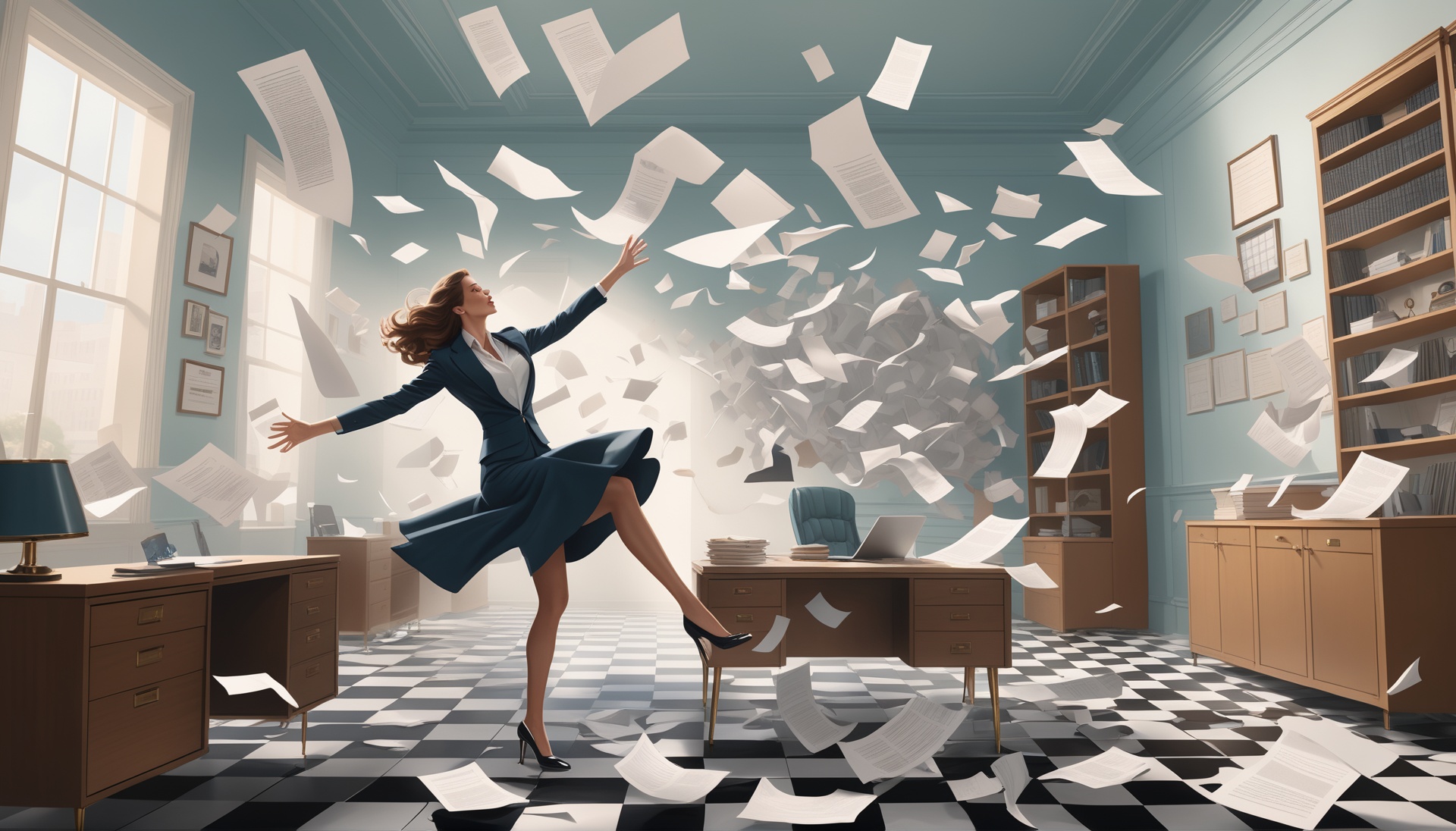 kinetic, office, scene capturing, swirling papers, mid-air, frantic ...