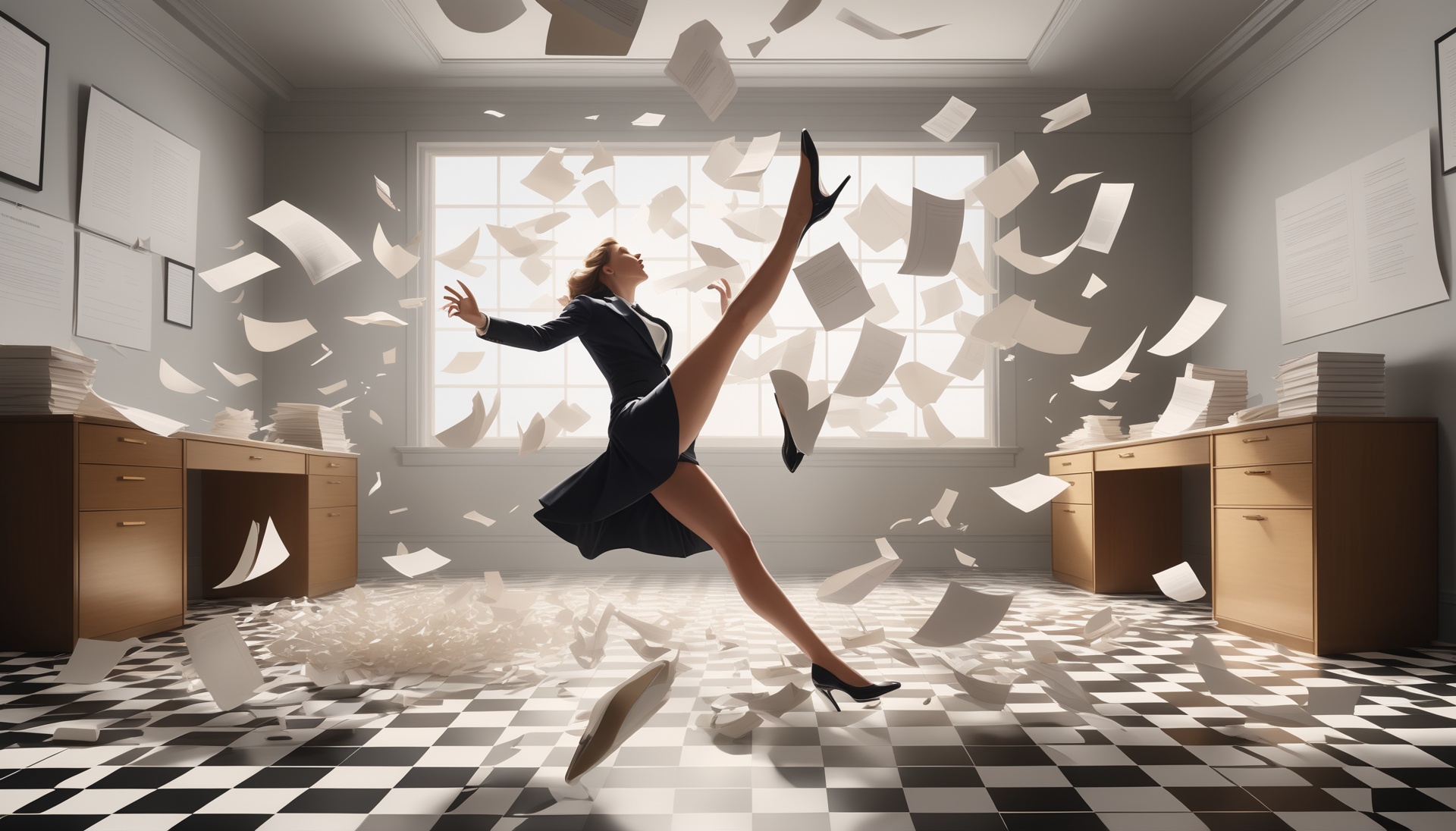 kinetic, office, scene capturing, swirling papers, mid-air, frantic ...