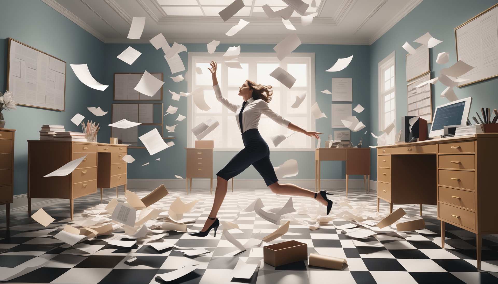 kinetic, office, scene capturing, swirling papers, mid-air, frantic ...