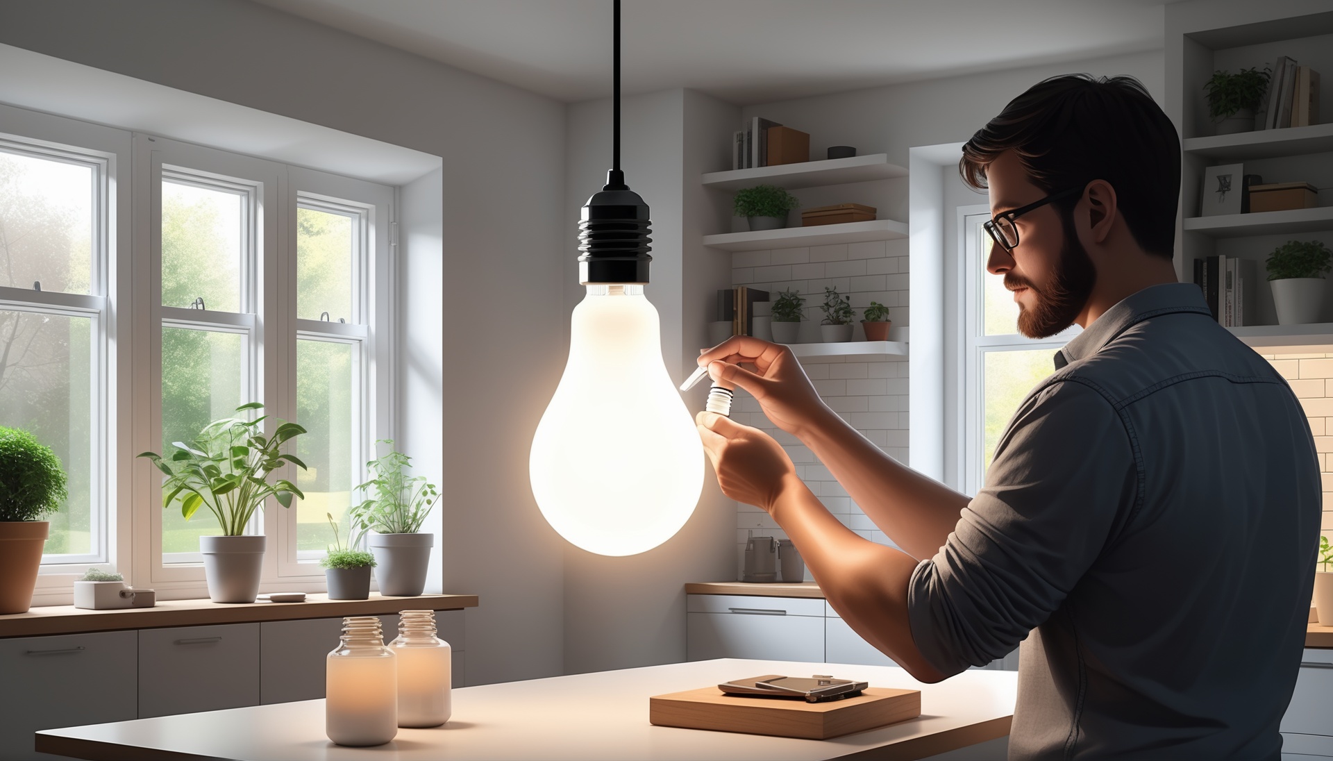 Man changing incandescent bulb, efficient LED in his home, reducing ...