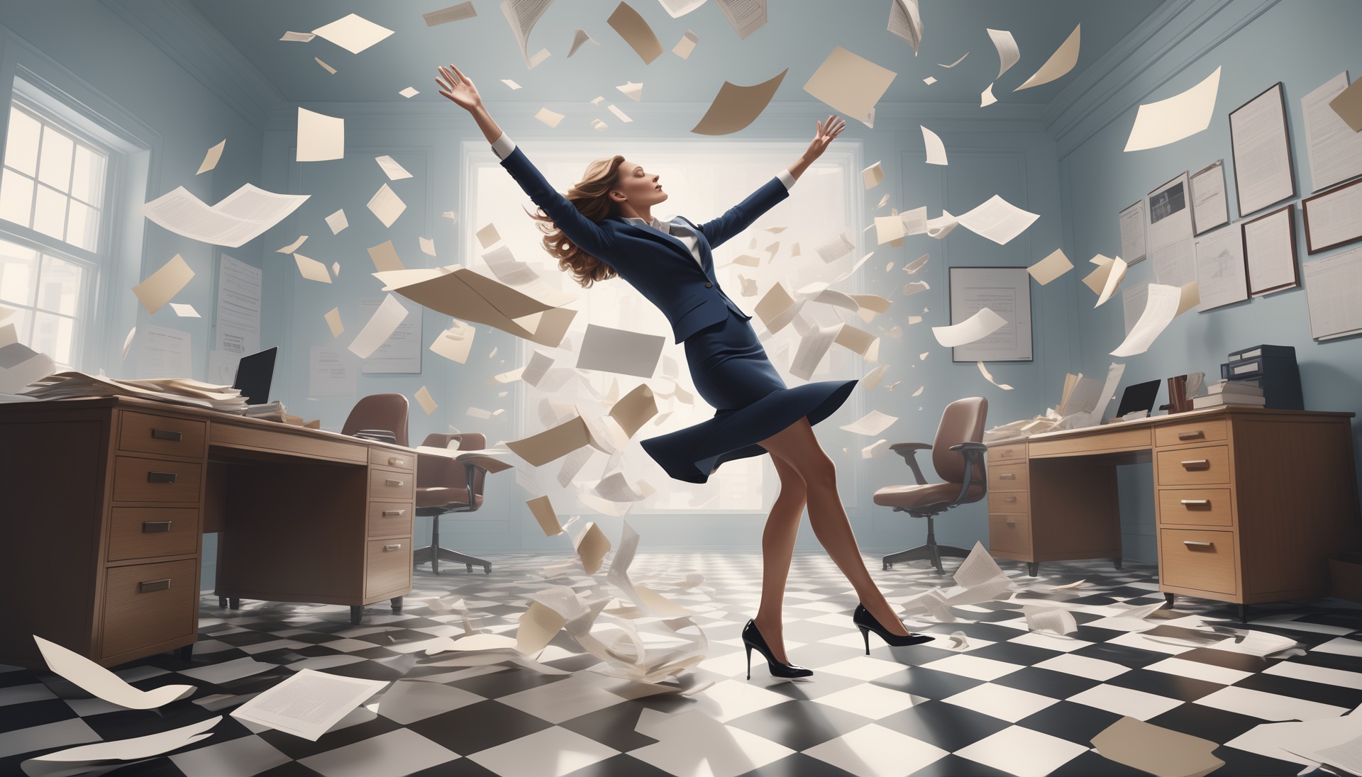 kinetic, office, scene capturing, swirling papers, mid-air, frantic ...
