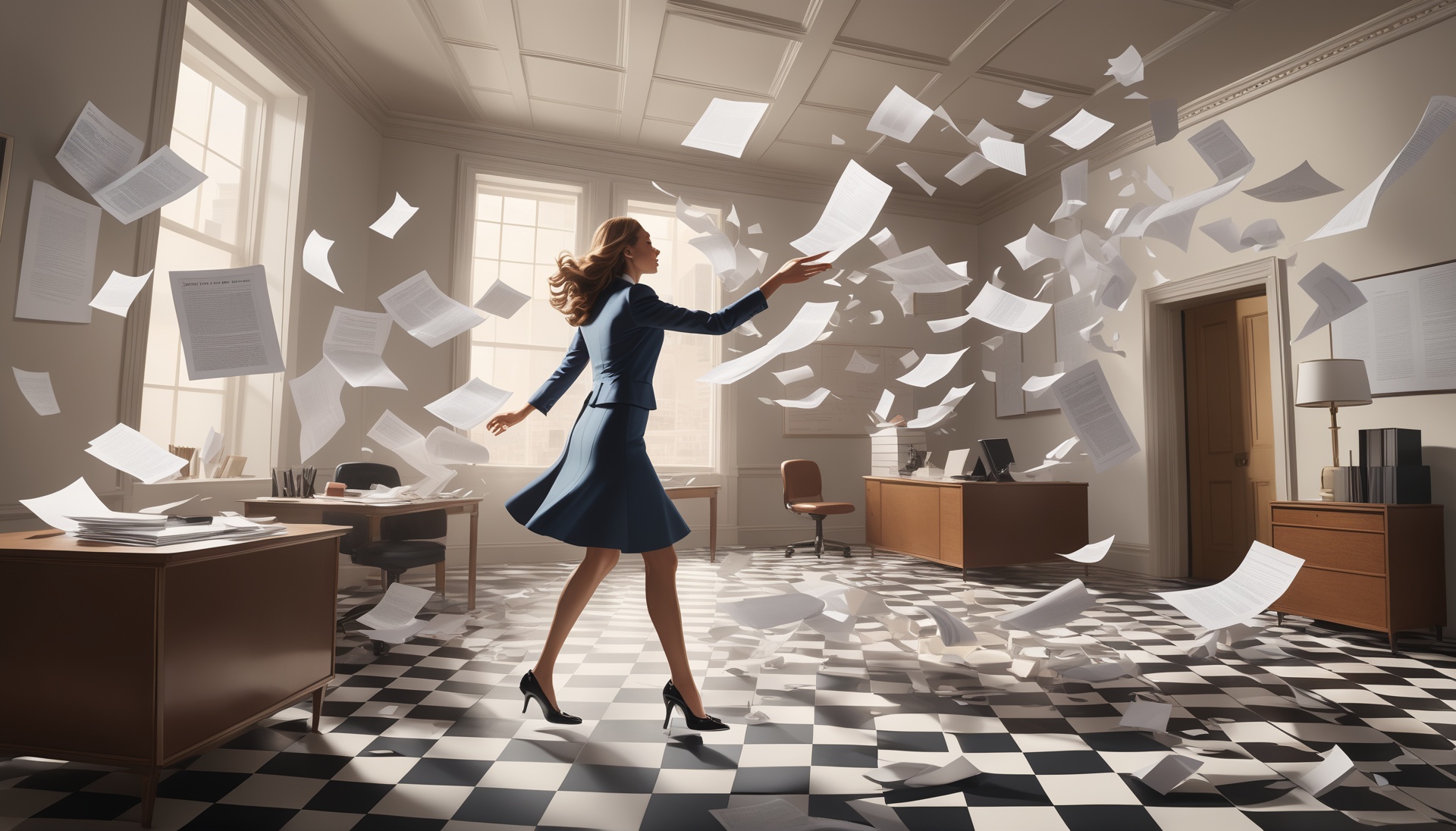 kinetic, office, scene capturing, swirling papers, mid-air, frantic ...
