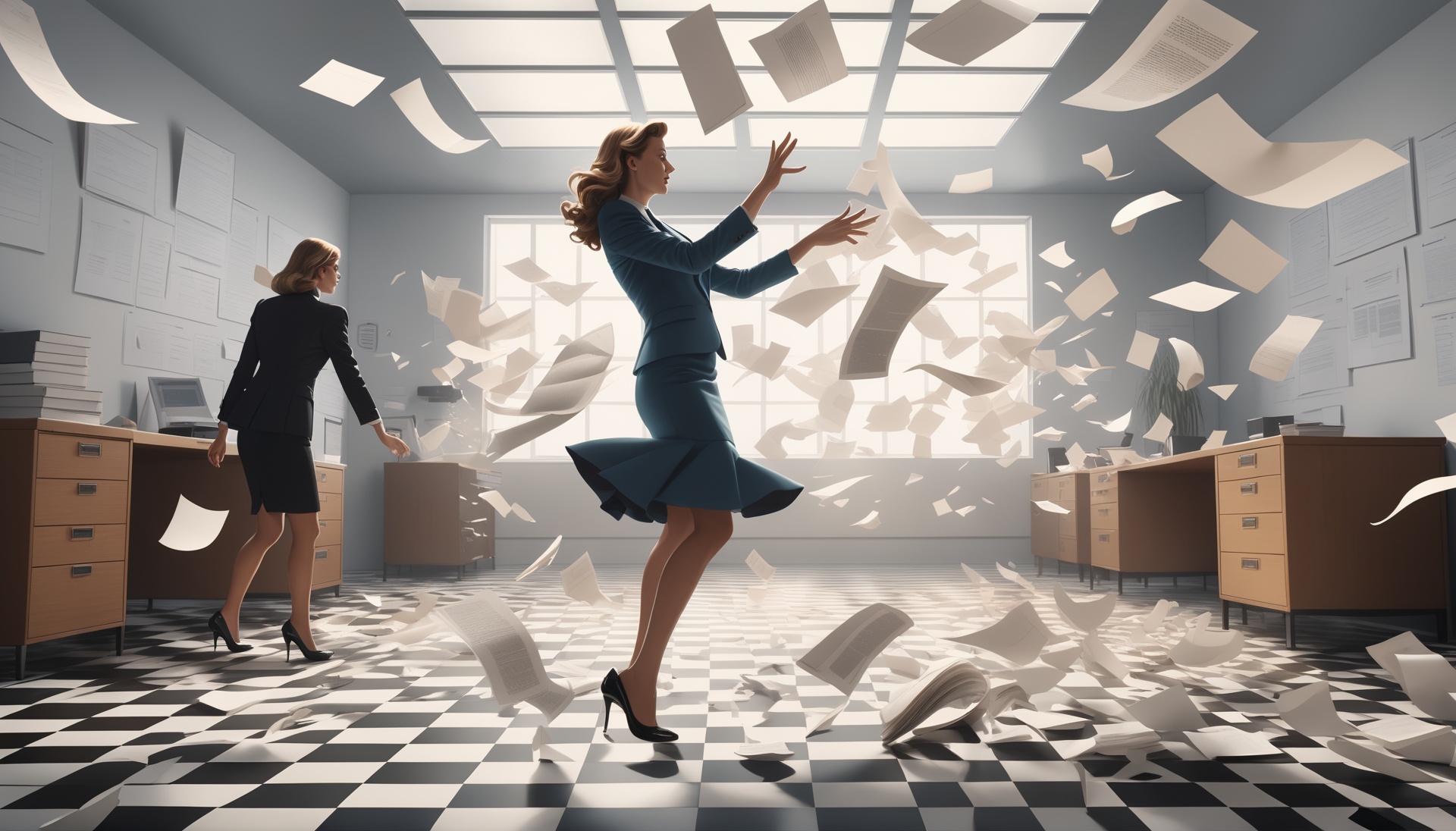 kinetic, office, scene capturing, swirling papers, mid-air, frantic ...