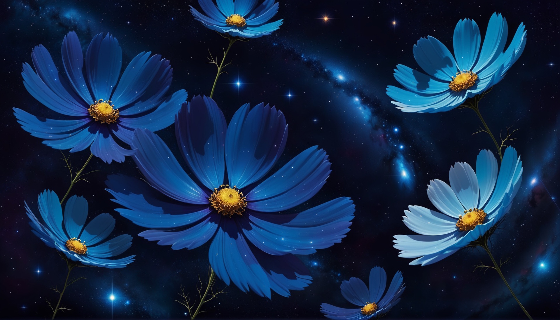 Deep blue cosmos background, flower, bright stars, swirling galaxies ...