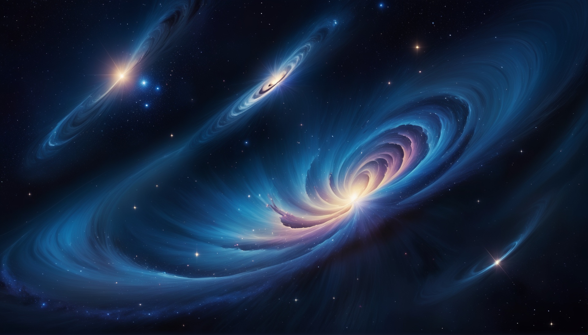 Deep blue cosmos background, bright stars and swirling galaxies ...