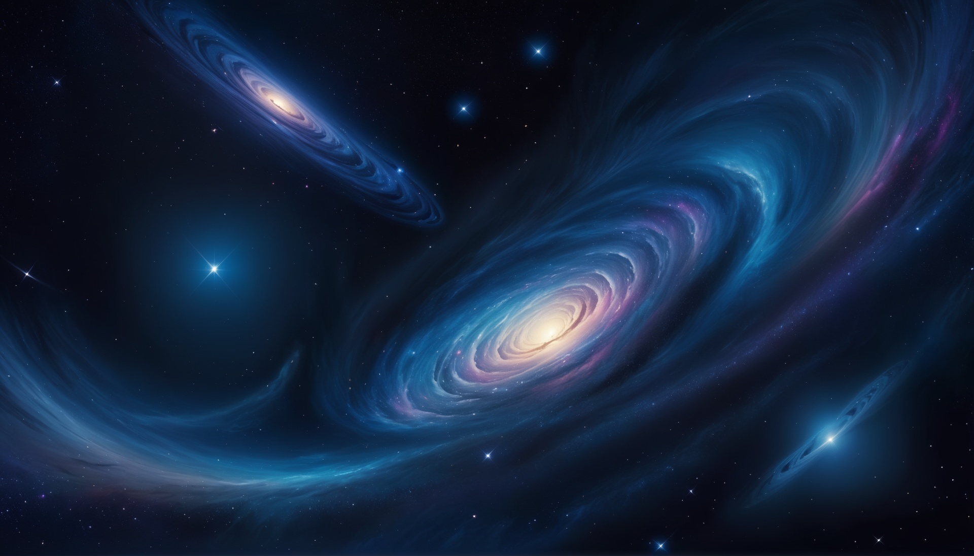 Deep blue cosmos background, bright stars and swirling galaxies ...