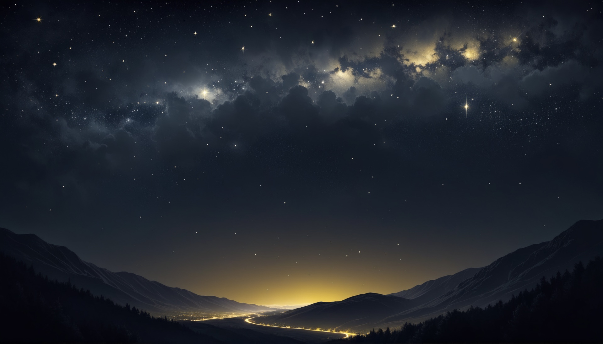 Dark night sky filled with shining stars, shades of yellow and white ...