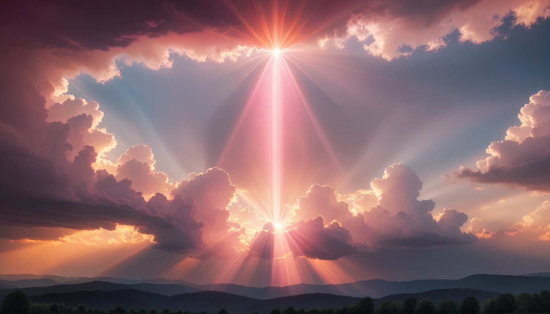 Light rays shining through clouds, bright shades of pink and orange ...