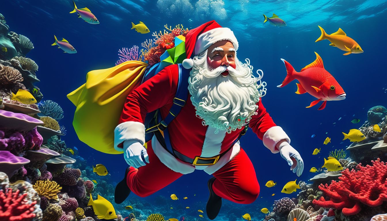 Underwater Santa, swimming with colorful fish and coral reefs, his red ...