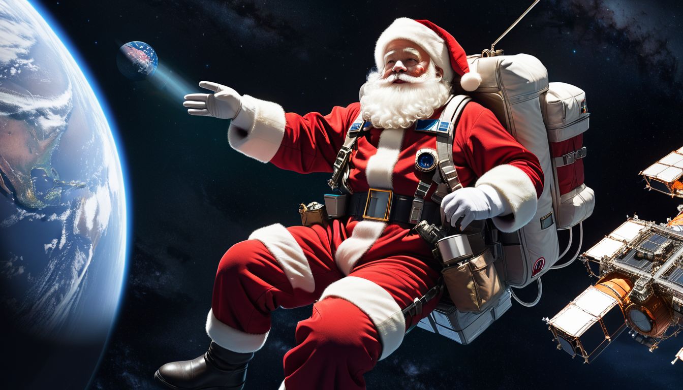 Santa Claus in space, floating near a space station, Earth visible in ...
