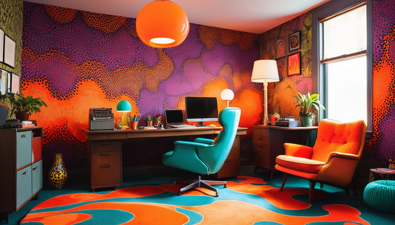 retro-themed office with walls adorned in psychedelic wallpaper, a lava ...