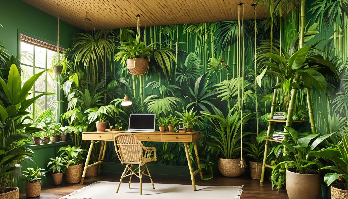 jungle-themed office with lush, green wallpaper, a bamboo desk, a swing ...
