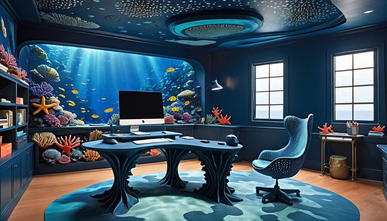 under-the-sea inspired workspace with walls painted in deep ocean blues ...