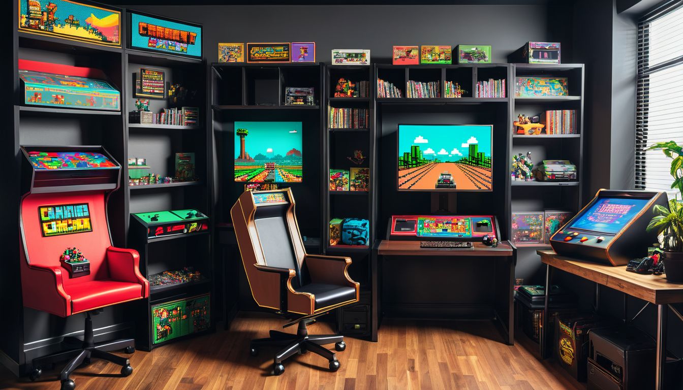 vintage video game-themed office with pixel-art murals on the walls, a ...
