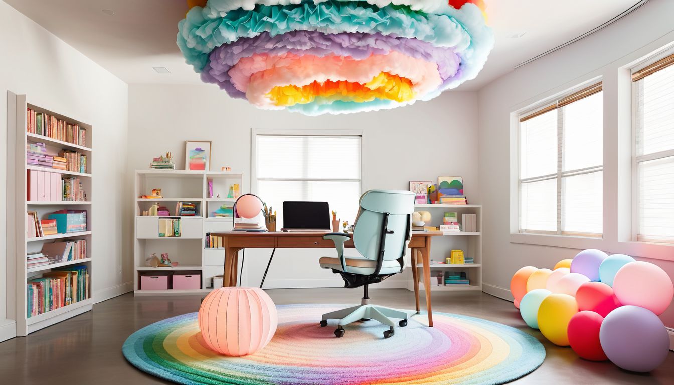 whimsical workspace featuring a circular, rainbow-patterned rug, a desk ...