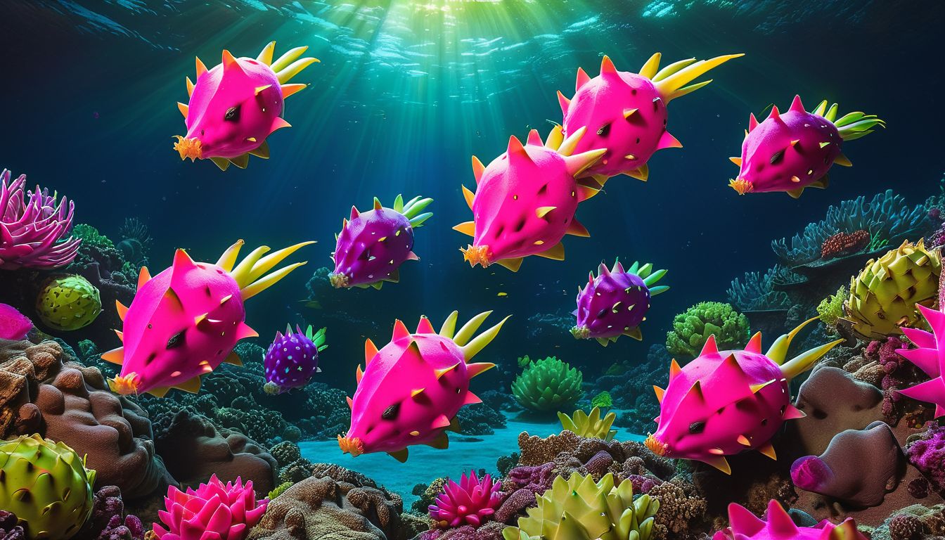 Nestled in an underwater market, dragon fruits float ethereally among ...