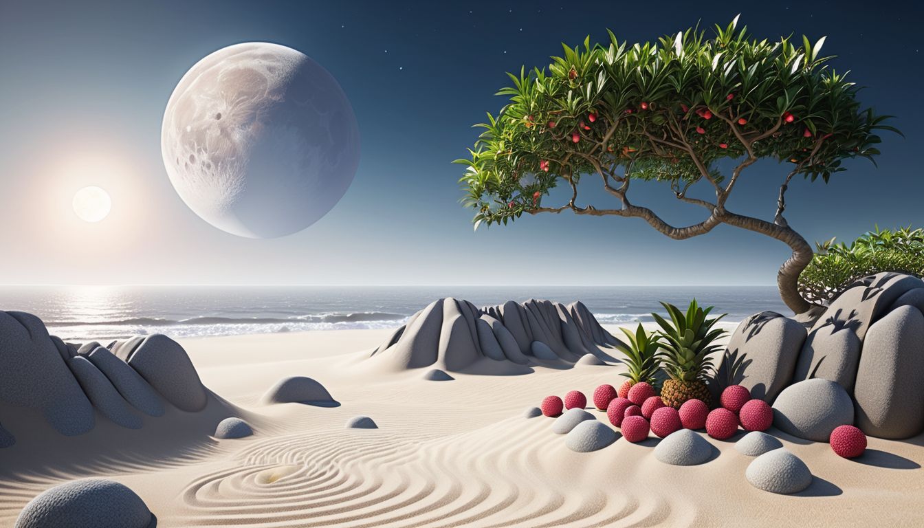 tranquil Zen garden on the moon, where lychee trees grow in low gravity ...